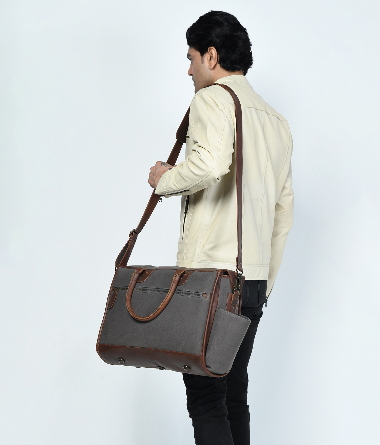 Grey Canvas and Luxe Leather Laptop Brief and Messenger Bag – Sharo Classic Leather
