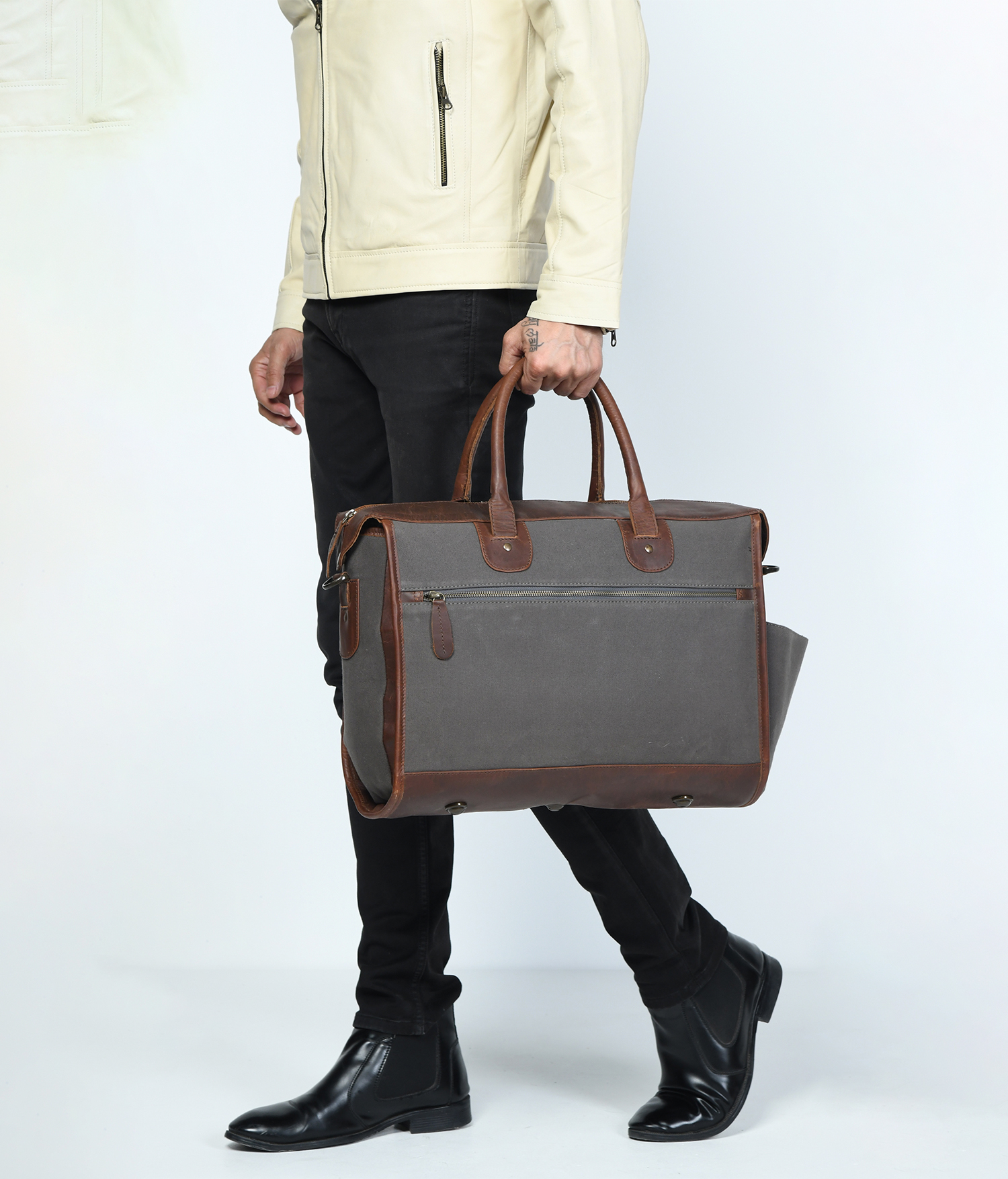 Grey Canvas and Luxe Leather Laptop Brief and Messenger Bag – Sharo Classic Leather