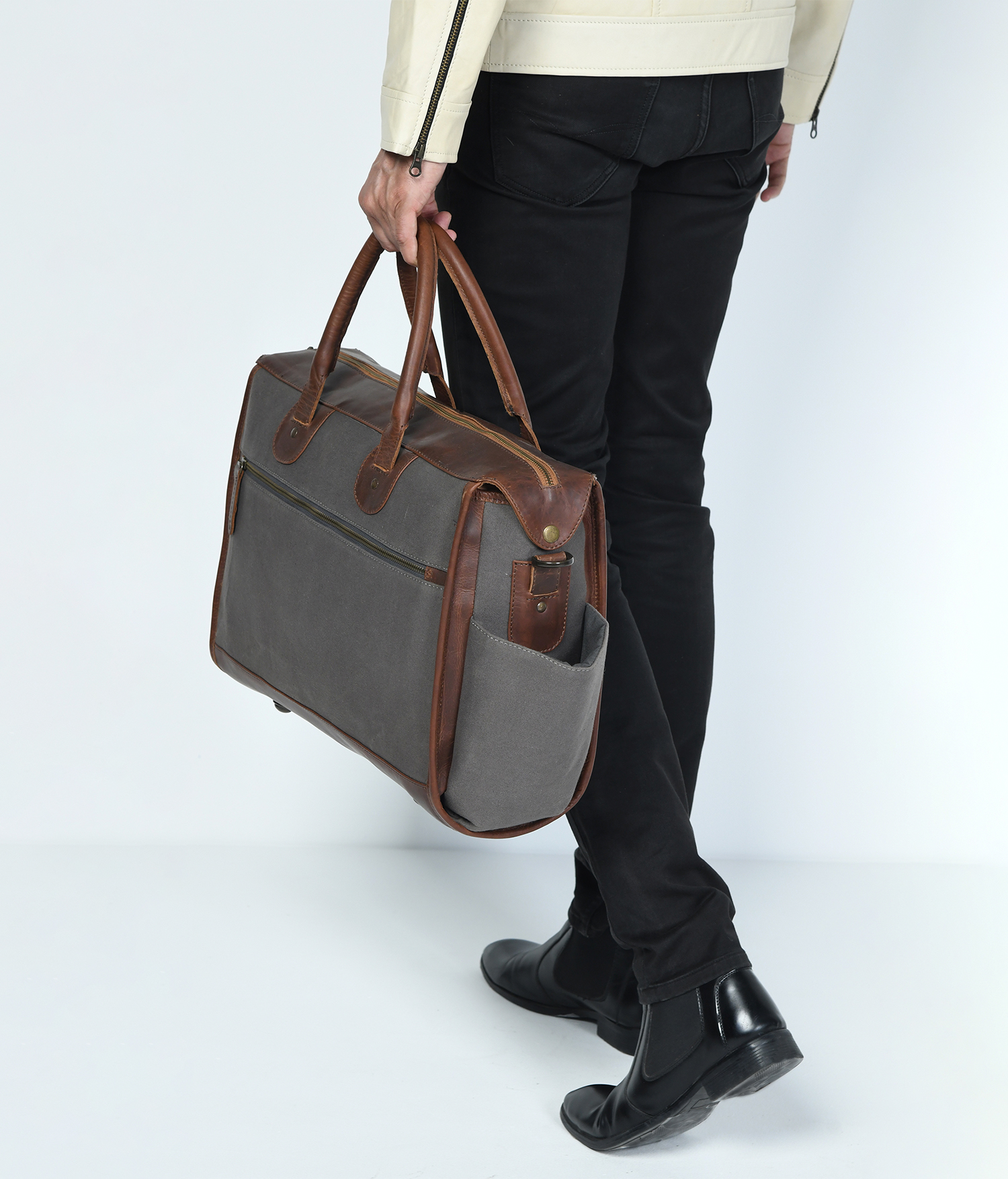 Grey Canvas and Luxe Leather Laptop Brief and Messenger Bag – Sharo Classic Leather